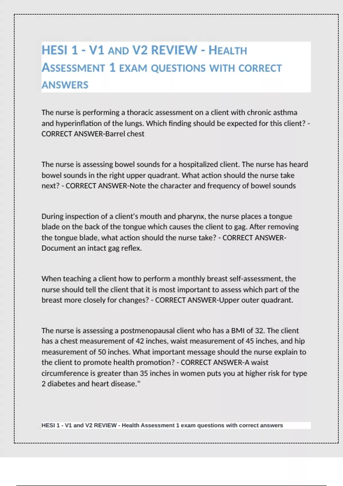 HESI 1 - V1 AND V2 REVIEW - HEALTH ASSESSMENT 1 EXAM QUESTIONS WITH ...
