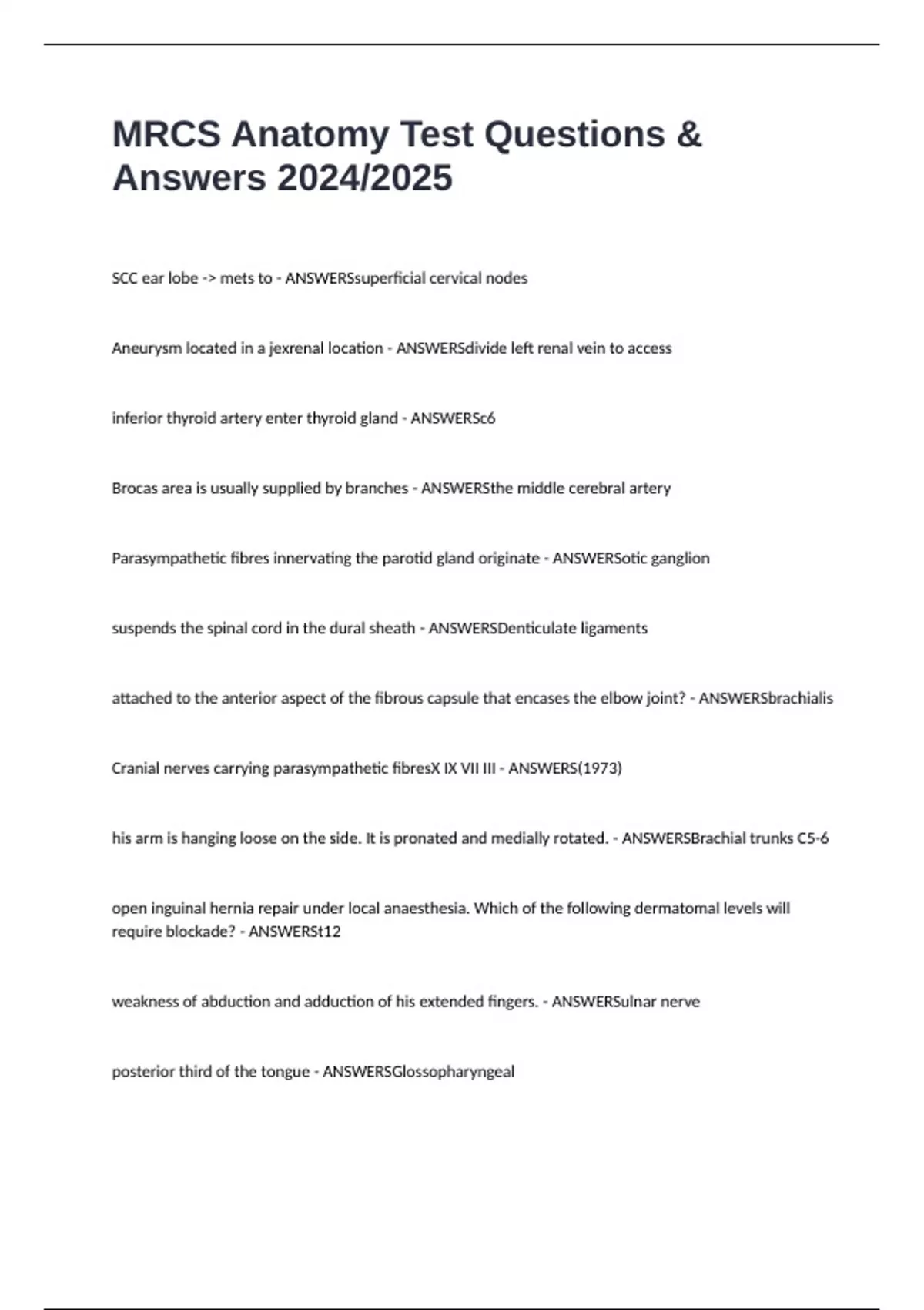 MRCS Anatomy Test Questions & Answers 2024/2025 - MRCS Anatomy - Stuvia US
