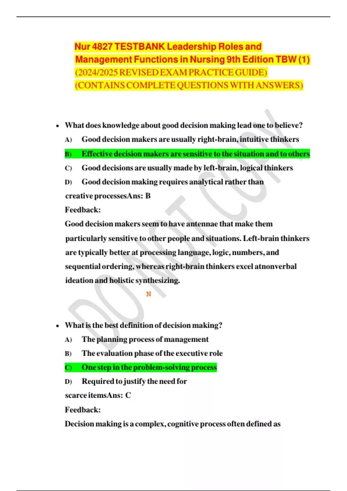 Nur 4827 TESTBANK Leadership Roles and Management Functions in Nursing ...
