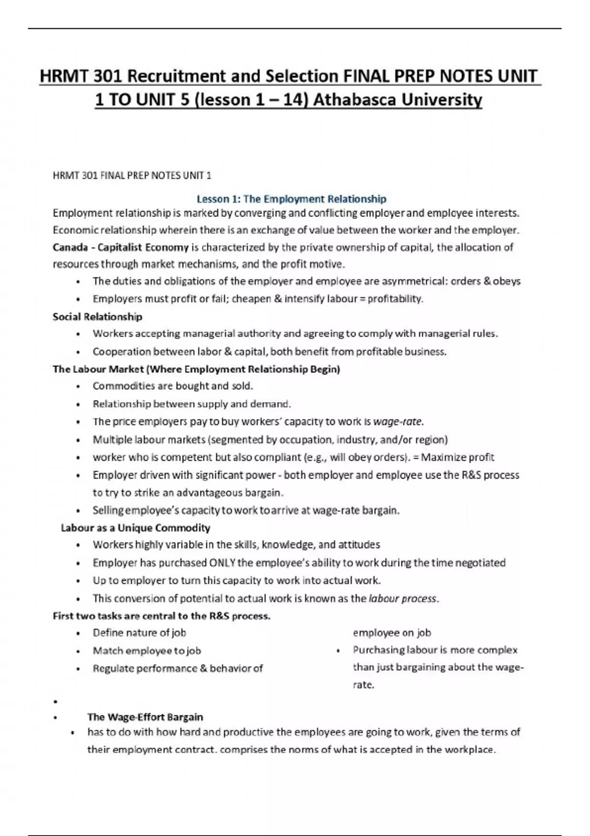 HRMT 301 Recruitment and Selection FINAL PREP NOTES UNIT 1 TO UNIT 5 ...