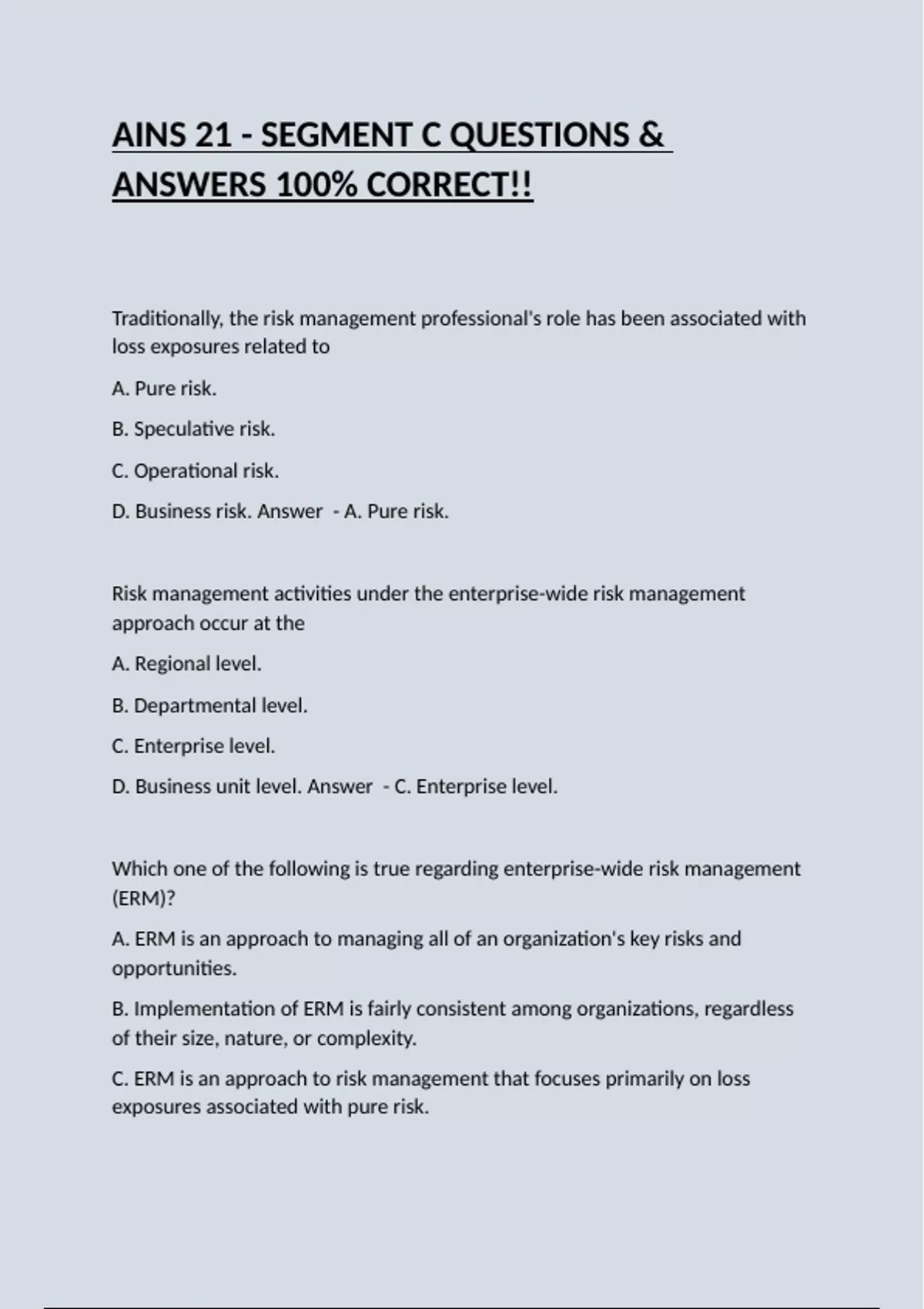 AINS 21 - SEGMENT C QUESTIONS & ANSWERS 100% CORRECT!! - AINS 21 - Stuvia US