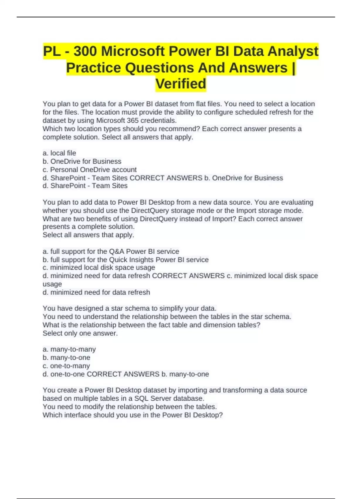 PL 300 Microsoft Power BI Data Analyst Practice Questions And Answers
