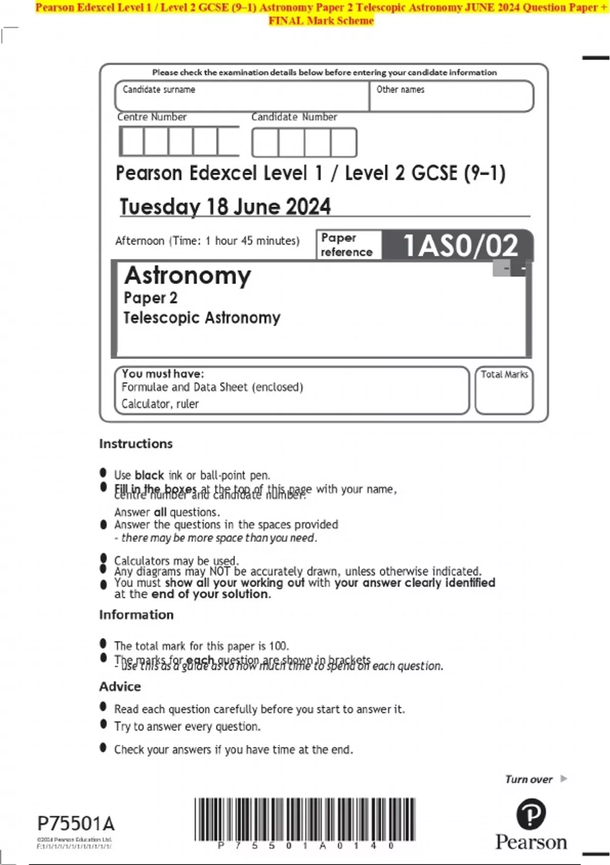 Pearson Edexcel Level 1 / Level 2 GCSE (9–1) Astronomy Paper 2 ...