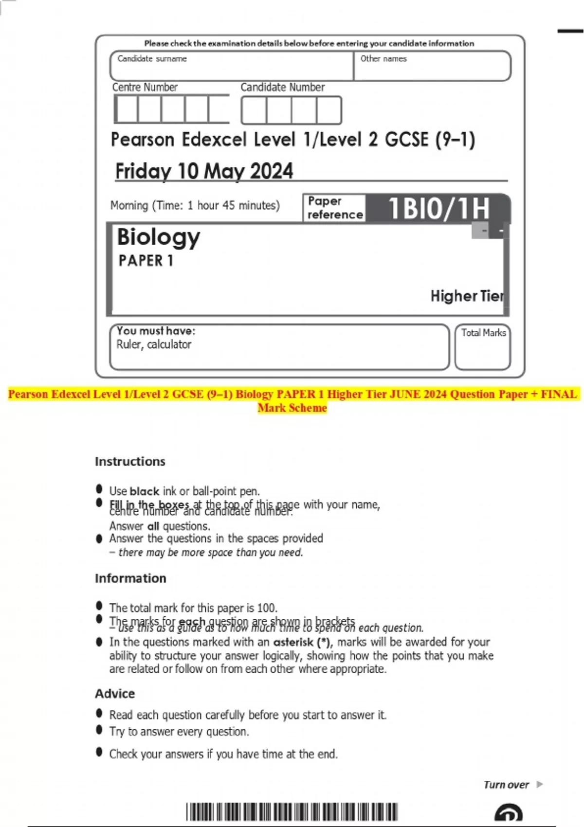 Pearson Edexcel Level 1/Level 2 GCSE (9–1) Biology PAPER 1 Higher Tier ...