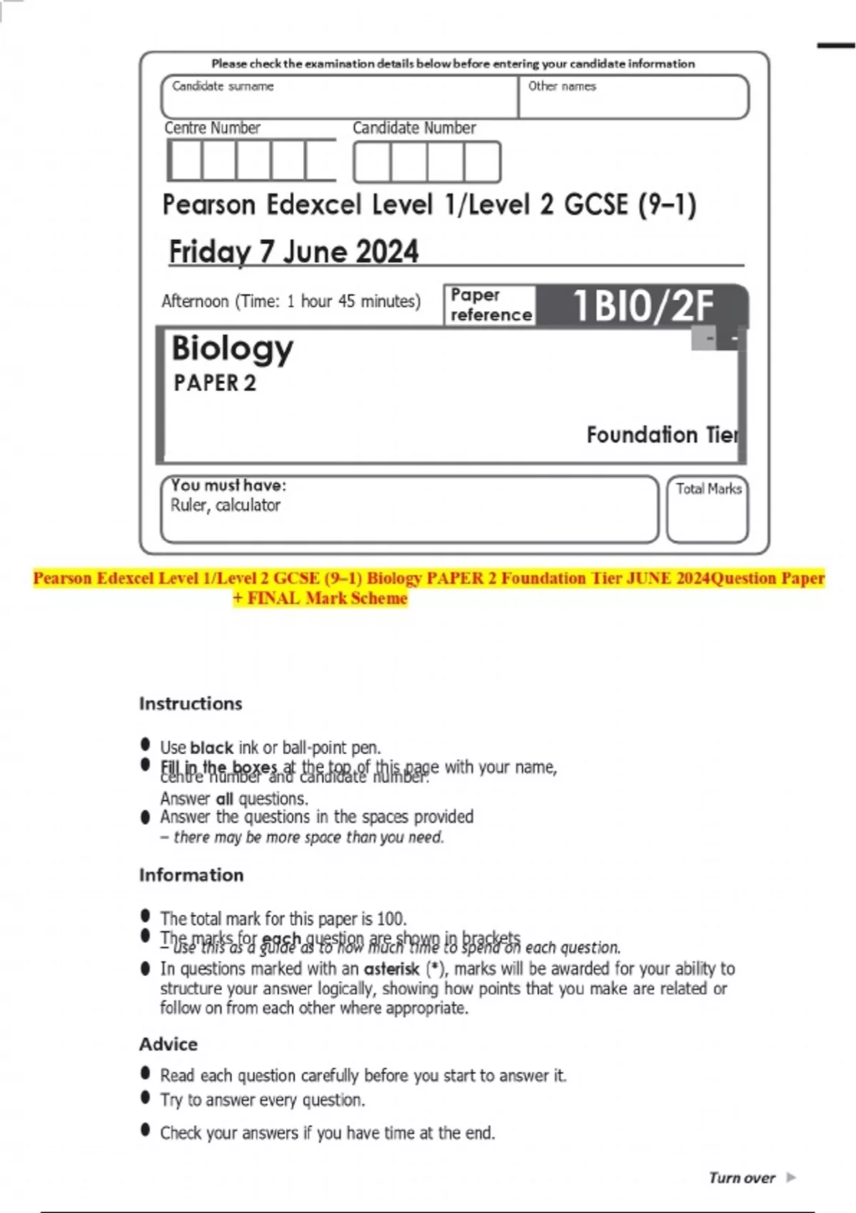 Pearson Edexcel Level 1/Level 2 GCSE (9–1) Biology PAPER 2 Foundation ...