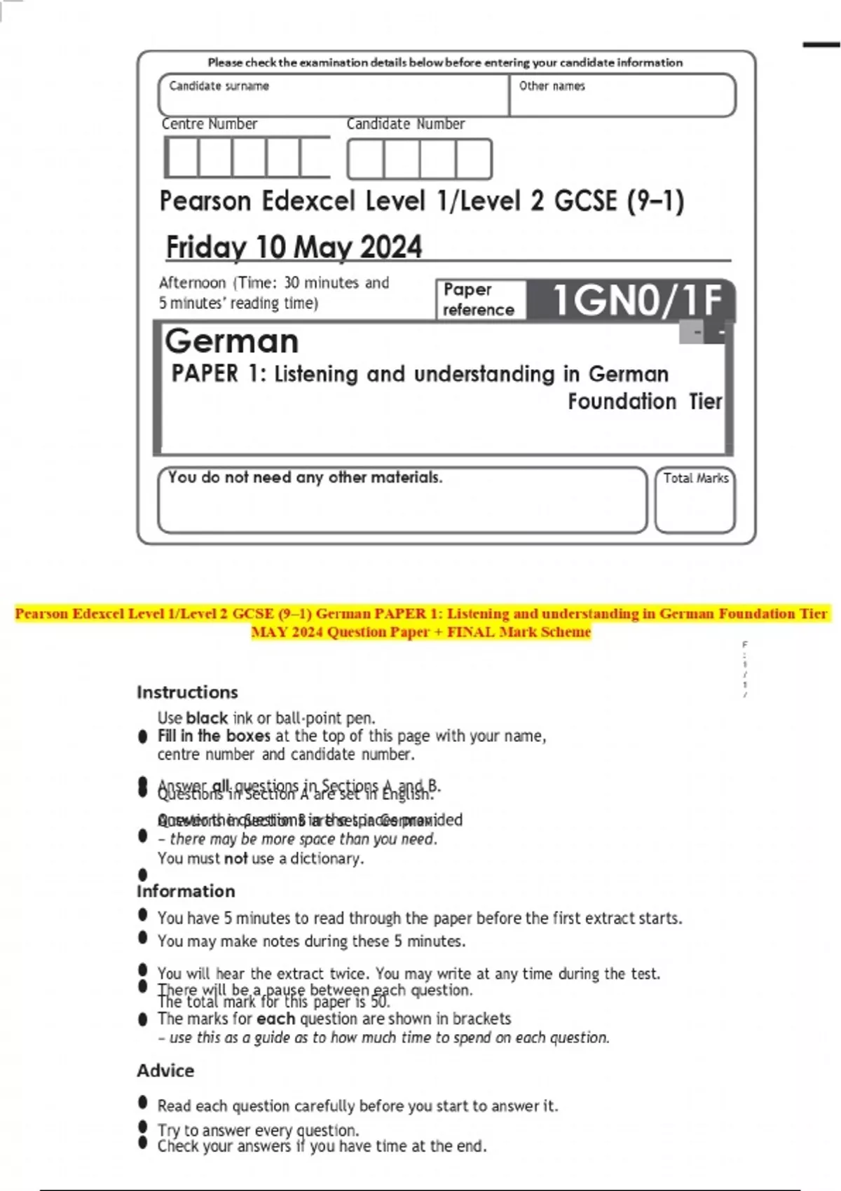 Pearson Edexcel Level 1/Level 2 GCSE (9–1) German PAPER 1: Listening ...