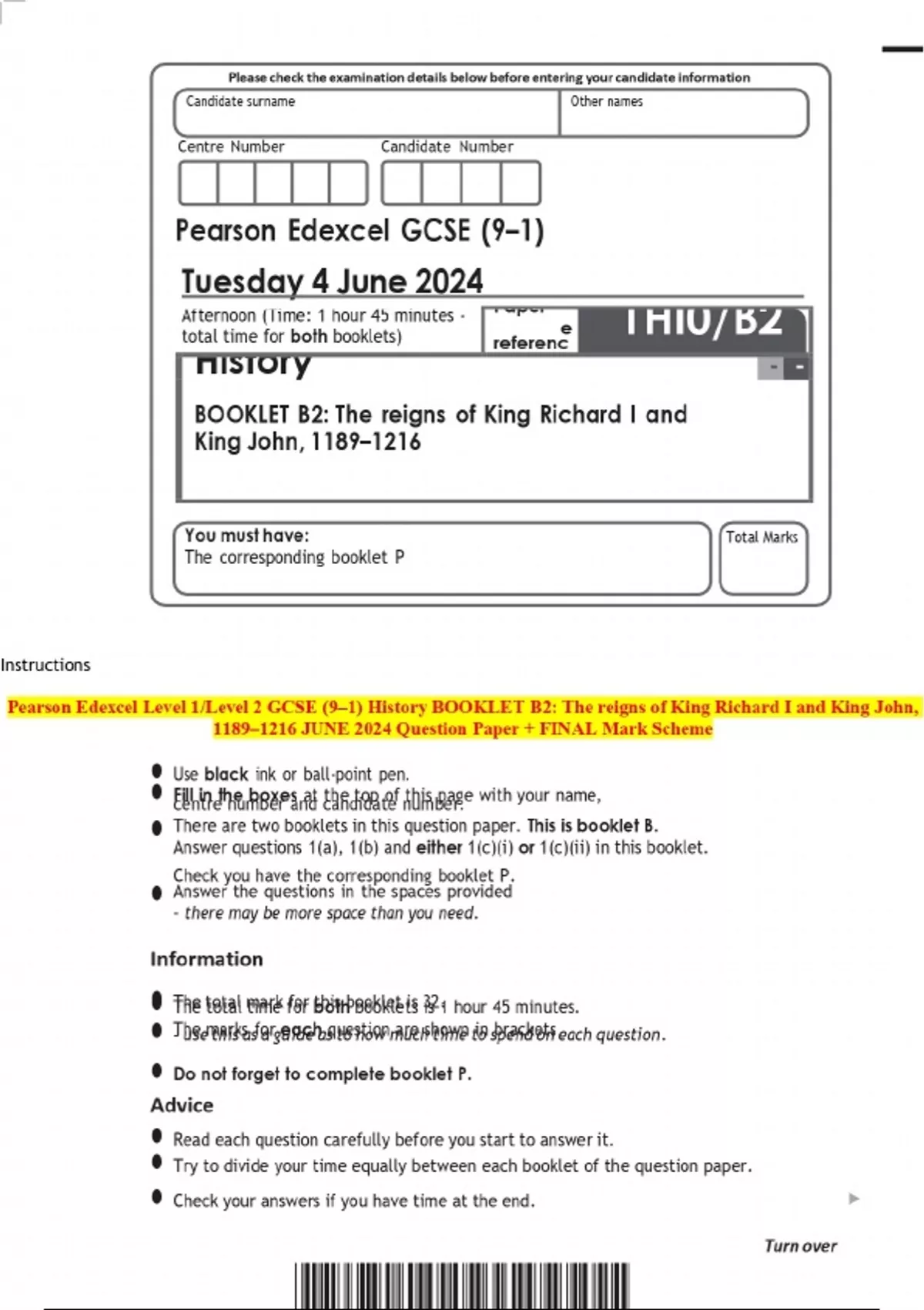 Pearson Edexcel Level 1/Level 2 GCSE (9–1) History BOOKLET B2: The ...