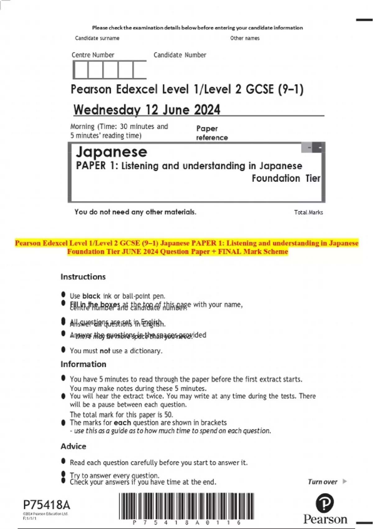 BUNDLED Pearson Edexcel Level 1/Level 2 GCSE (9–1) Japanese 2024 ...
