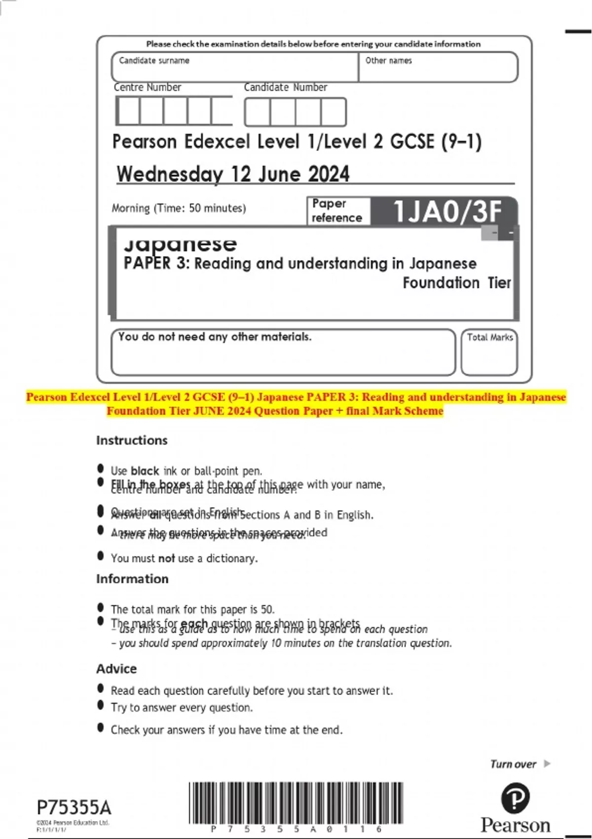 Pearson Edexcel Level 1/Level 2 GCSE (9–1) Japanese PAPER 3: Reading ...