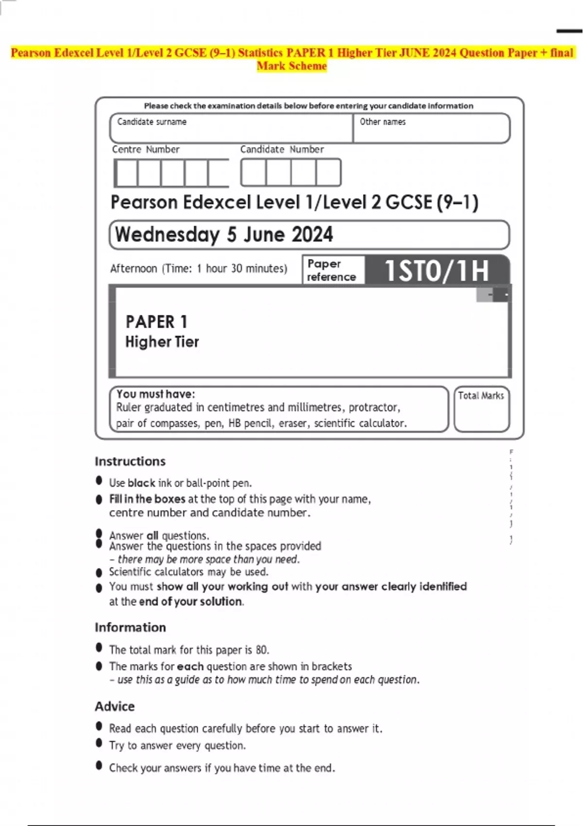 Pearson Edexcel Level 1/Level 2 GCSE (9–1) Statistics PAPER 1 Higher ...