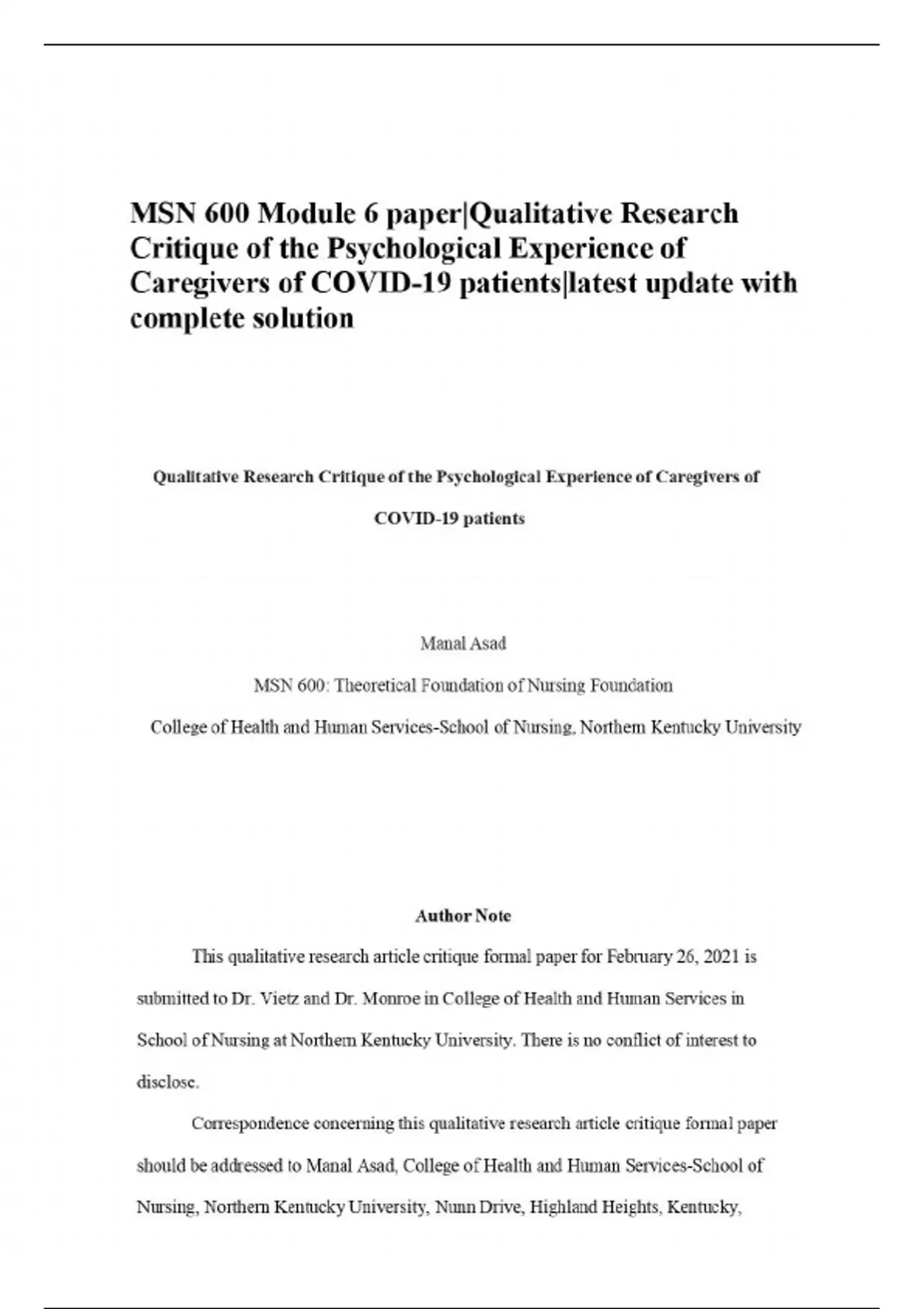 MSN 600 Module 6 paper|Qualitative Research Critique |latest update ...