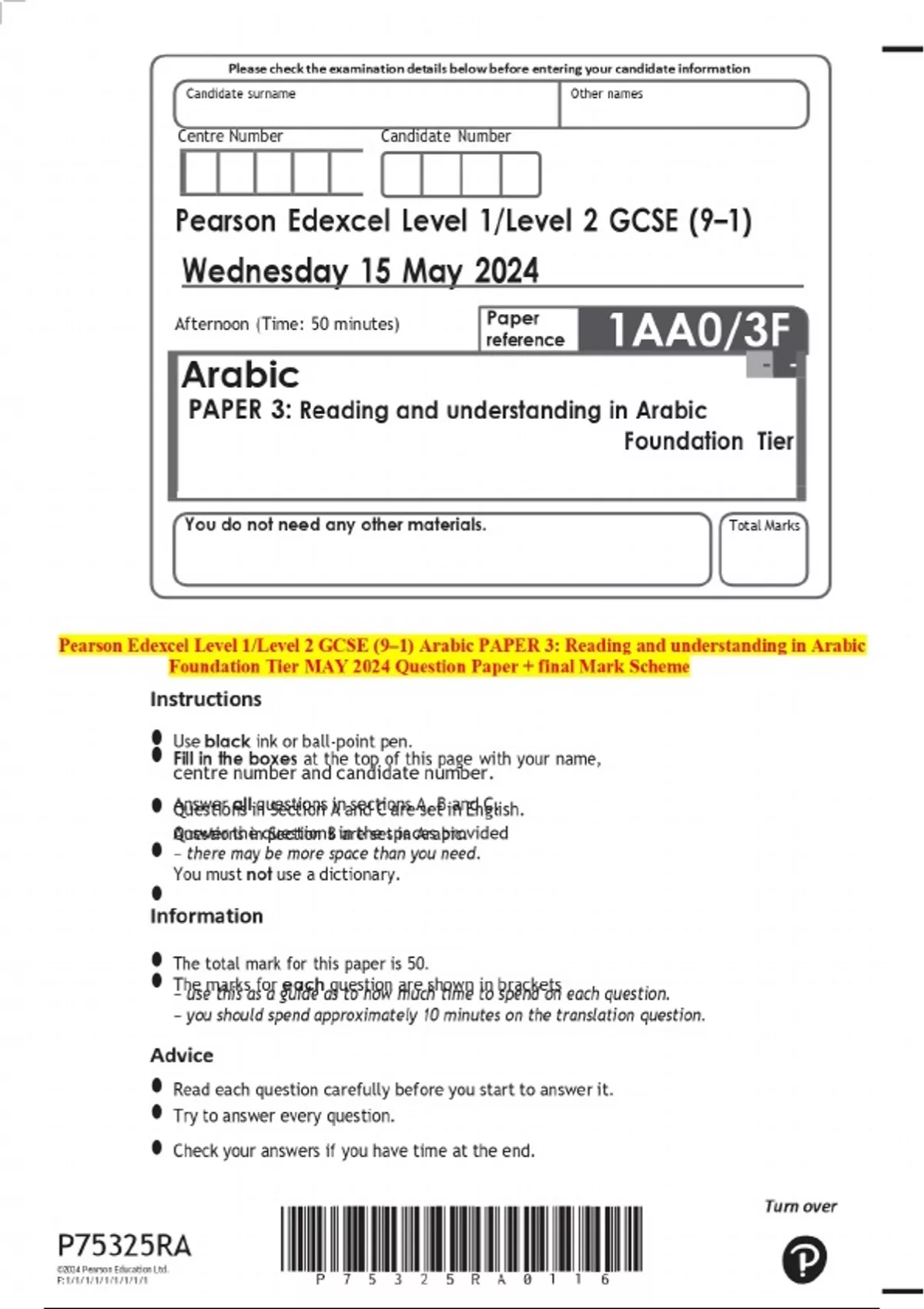 Pearson Edexcel Level 1/Level 2 GCSE (9–1) Arabic PAPER 3: Reading and ...