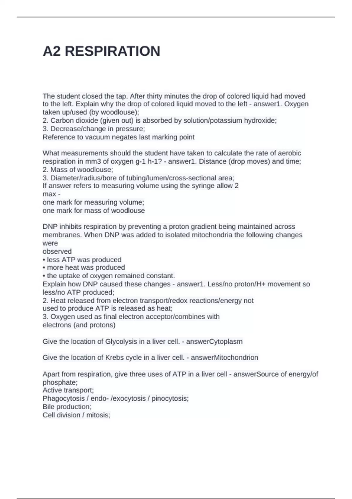 A2 RESPIRATION QUESTIONS AND ANSWERS 2024 - Aerobic Respiration - Stuvia US