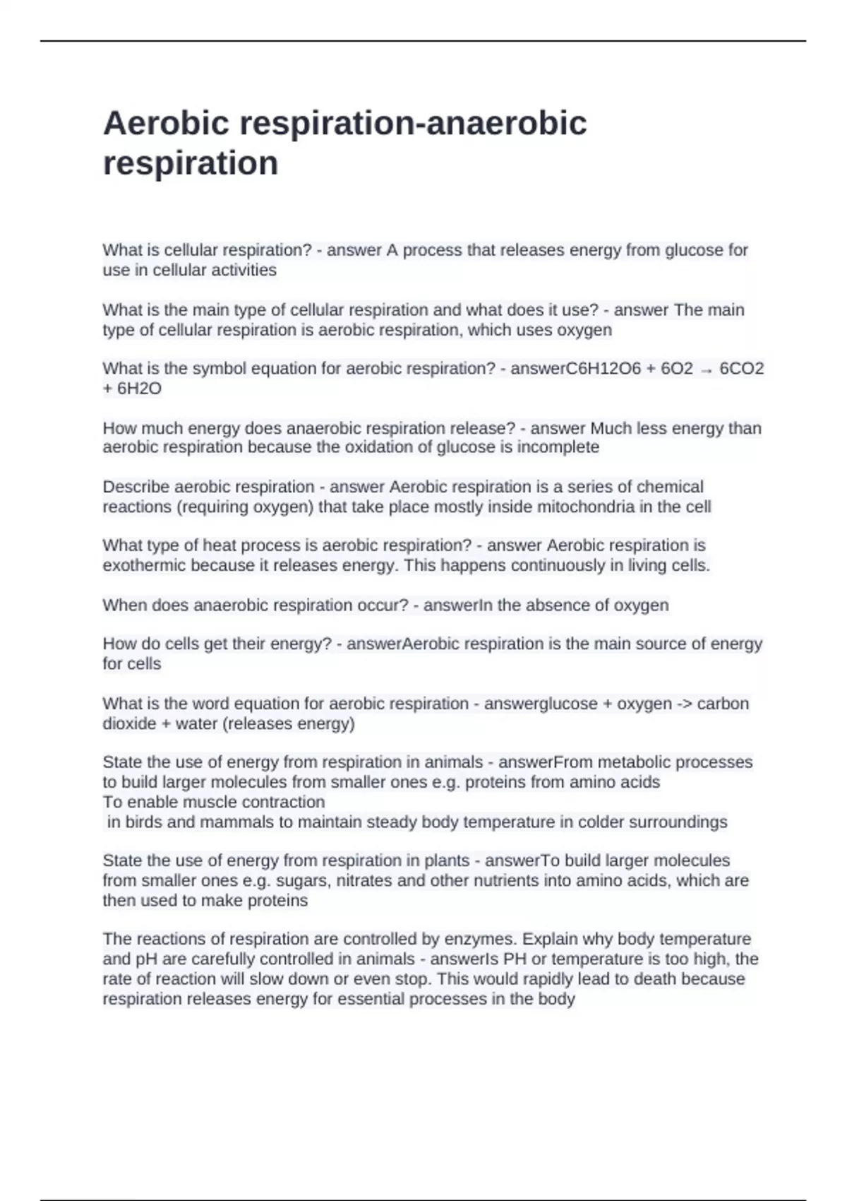 Aerobic respiration-anaerobic respiration questions and answers 2024 ...