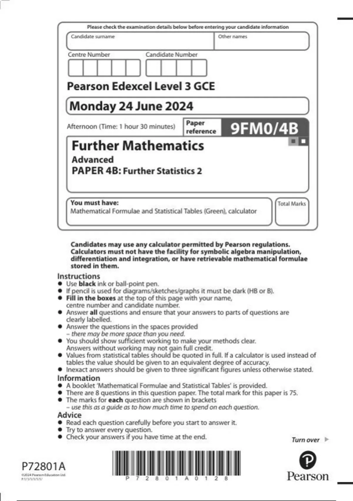 Pearson Edexcel Level 3 GCE Further Mathematics Advanced PAPER 4B ...