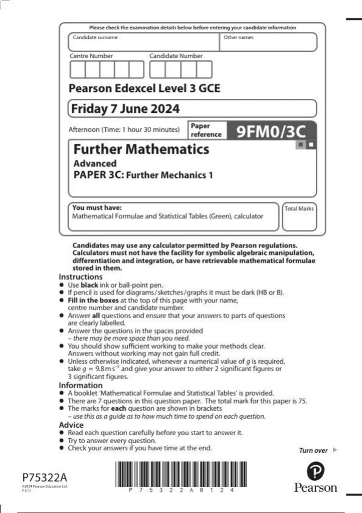 Pearson Edexcel Level 3 GCE Further Mathematics Advanced PAPER 3C: Further Mechanics 1 9fm0-3c ...