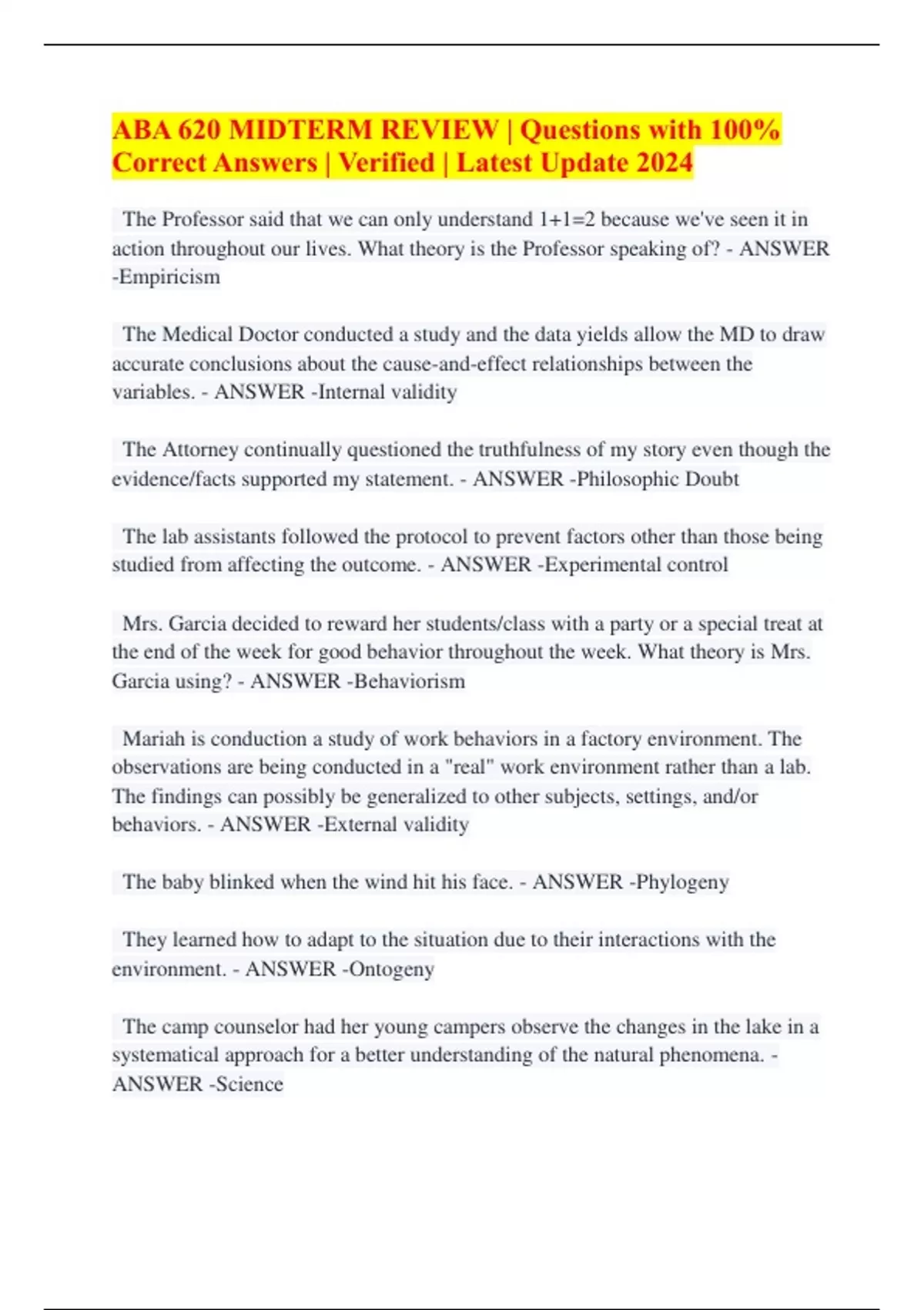 ABA 620 MIDTERM REVIEW | Questions with 100% Correct Answers | Verified ...