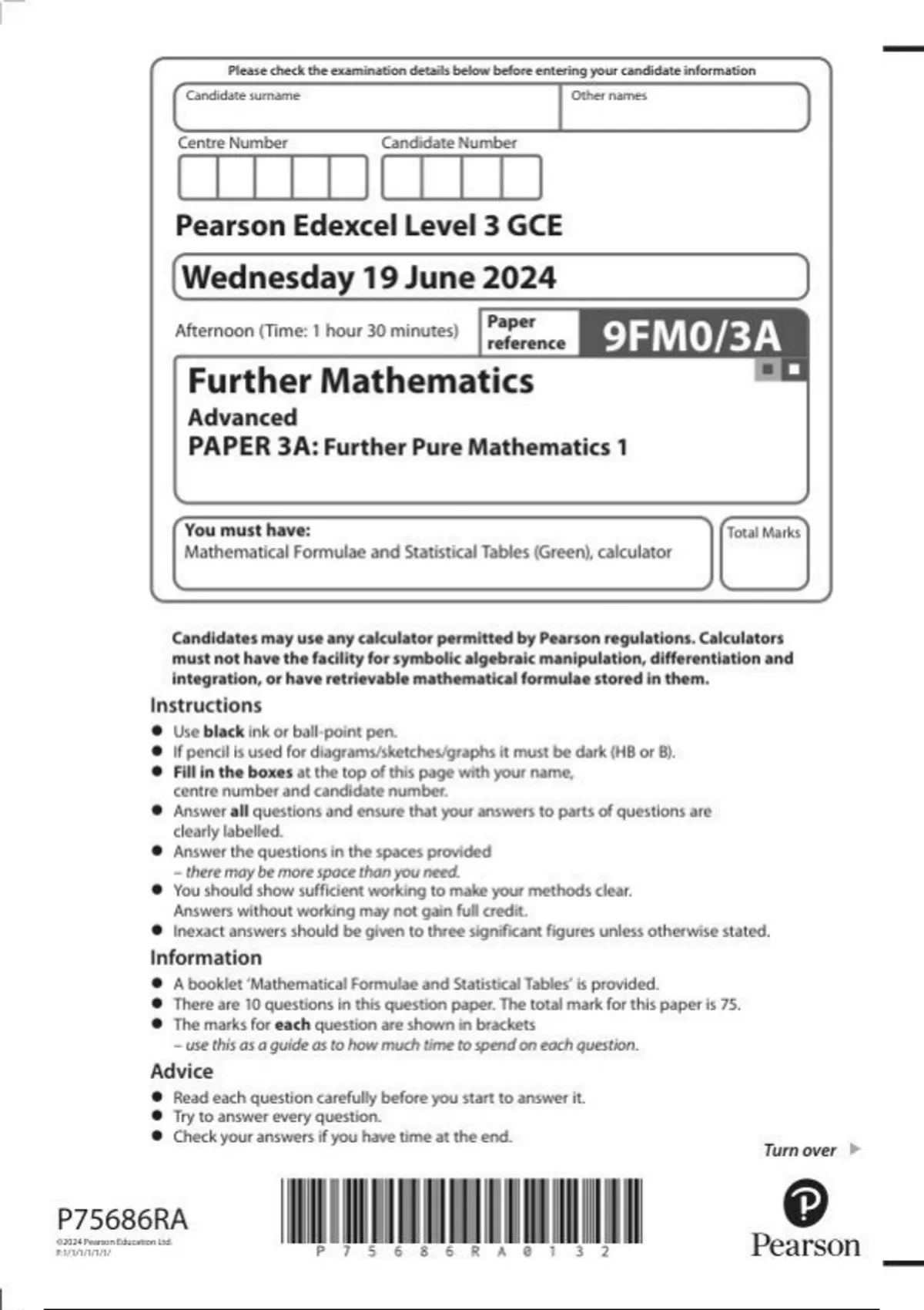 Pearson Edexcel Level 3 GCE Further Mathematics Advanced PAPER 3A ...