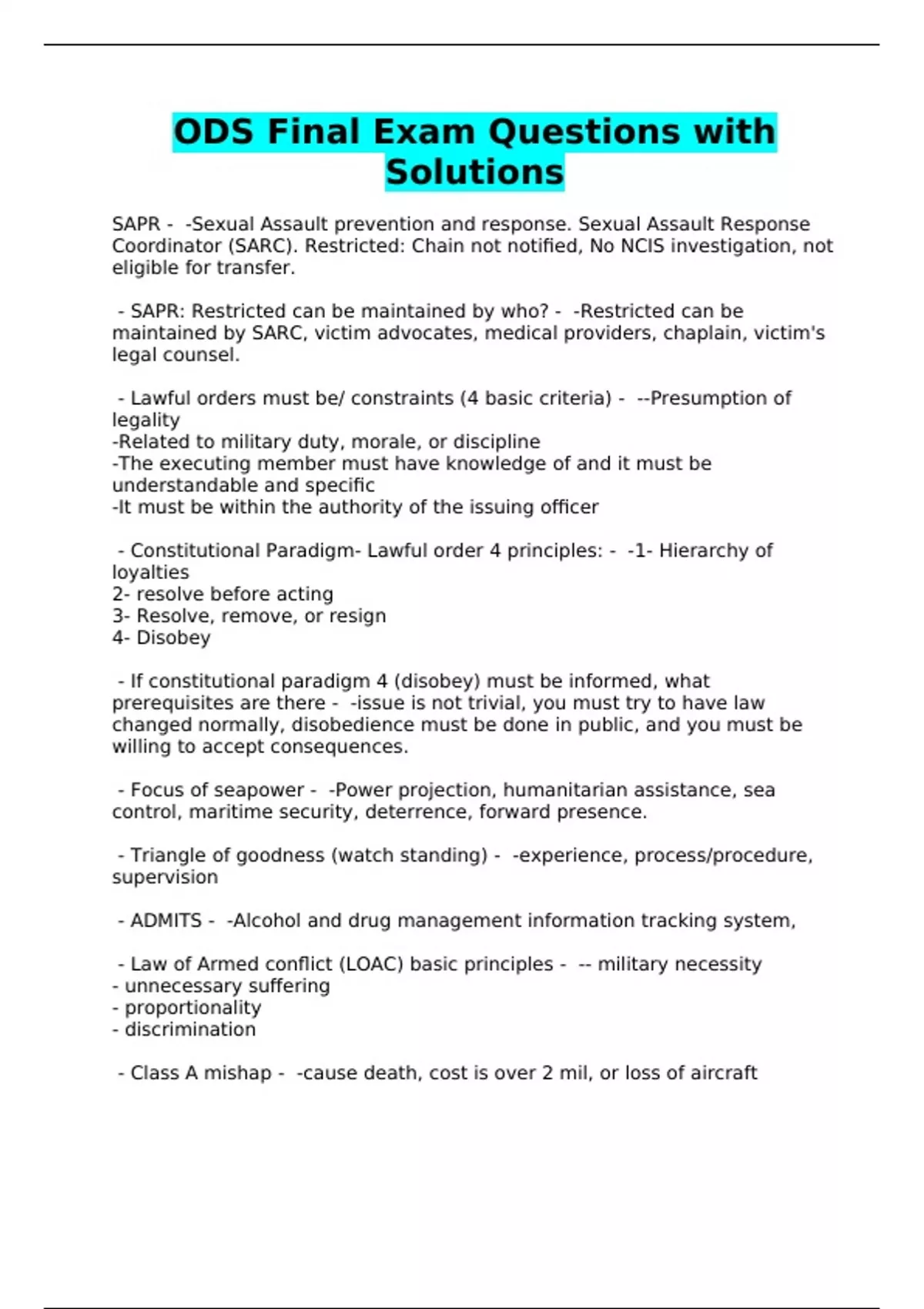 ODS Final Exam Questions with Solutions - ODS - Stuvia US