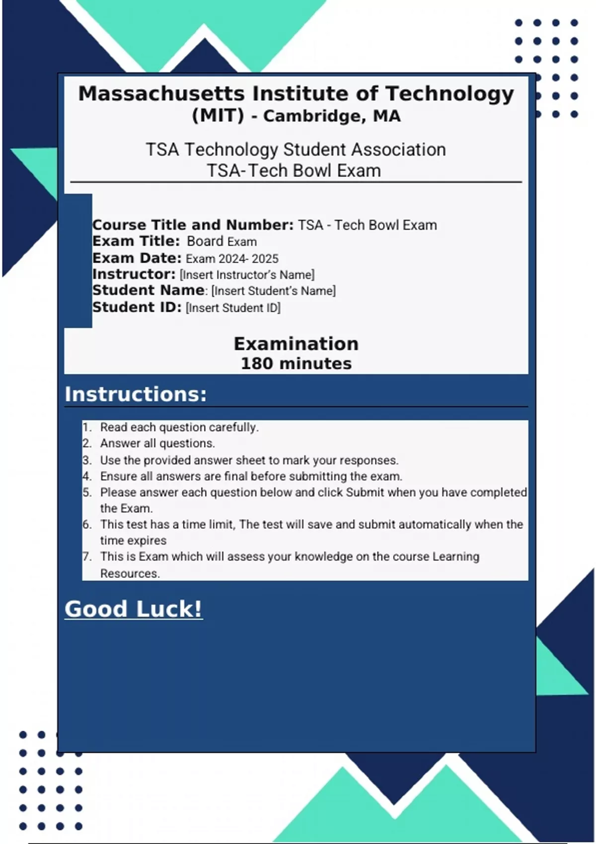 TSA Technology Student Association TSA Technology Bowl Practice Exam 1 Review Questions and ...