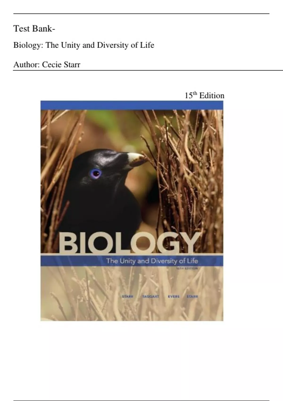 Test Bank - Biology: The Unity and Diversity of Life 15th Edition ...
