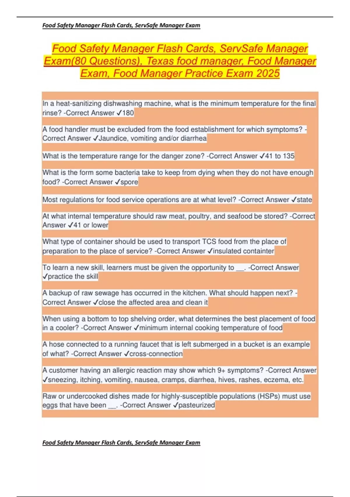 Food Safety Manager Flash Cards, ServSafe Manager Exam(80 Questions ...