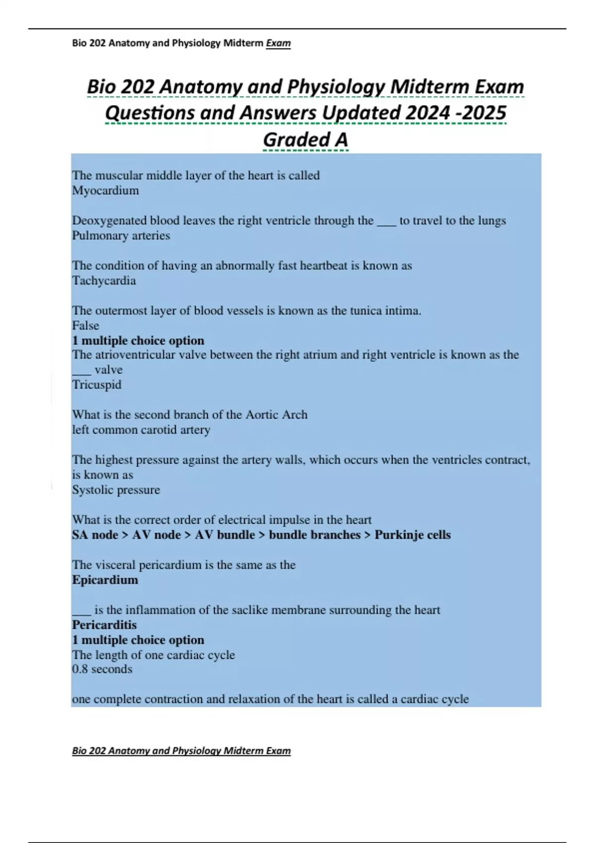 Bio 202 Anatomy and Physiology Midterm Exam Questions and Answers ...