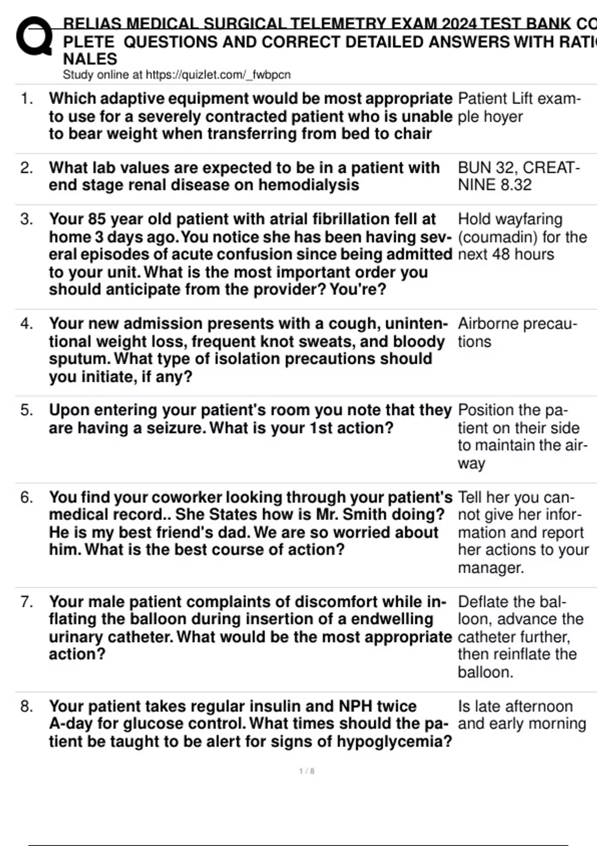 RELIAS MEDICAL SURGICAL TELEMETRY EXAM 2024 TEST BANK COM PLETE ...