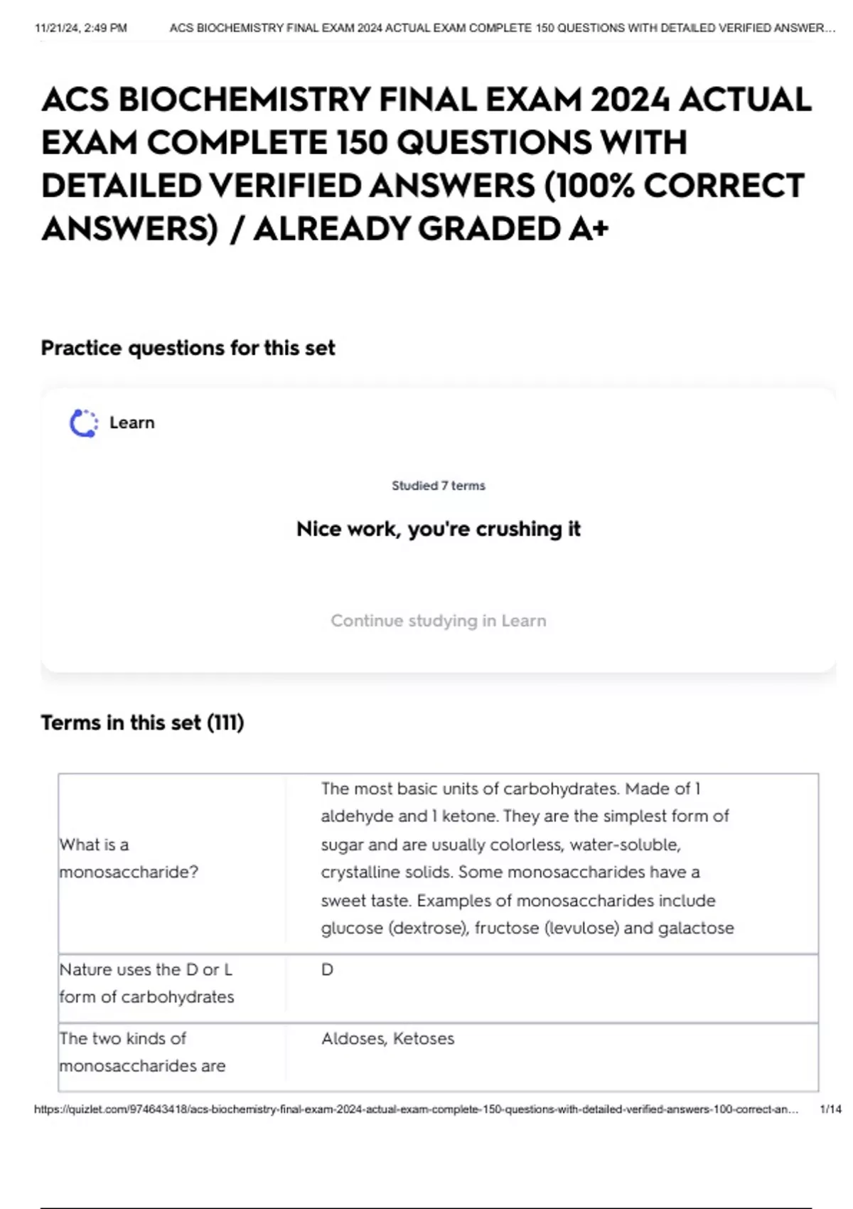 ACS BIOCHEMISTRY FINAL EXAM 2024 ACTUAL EXAM COMPLETE 150 QUESTIONS ...