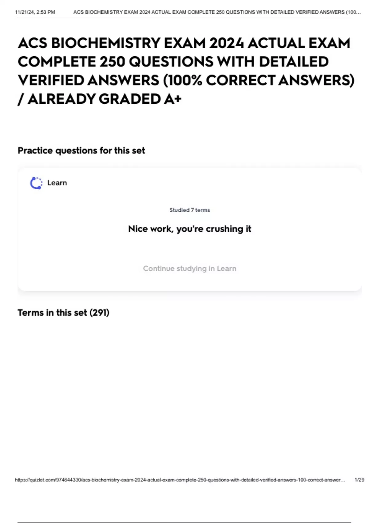 ACS BIOCHEMISTRY EXAM 2024 ACTUAL EXAM COMPLETE 250 QUESTIONS WITH ...