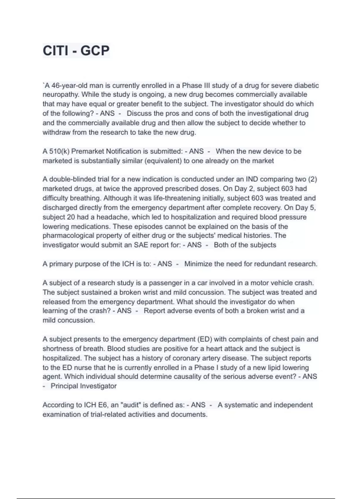 CITI - GCP Questions & Answers 2024/2025 ( A+ GRADED 100% VERIFIED ...