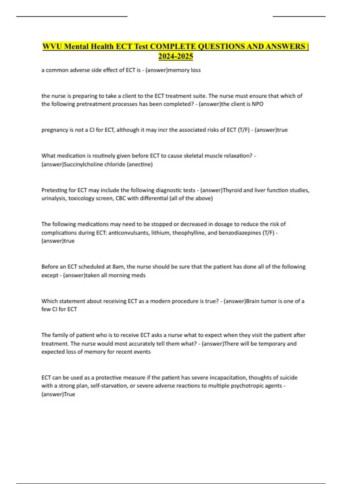 WVU Mental Health ECT Test COMPLETE QUESTIONS AND ANSWERS | - WVU ...