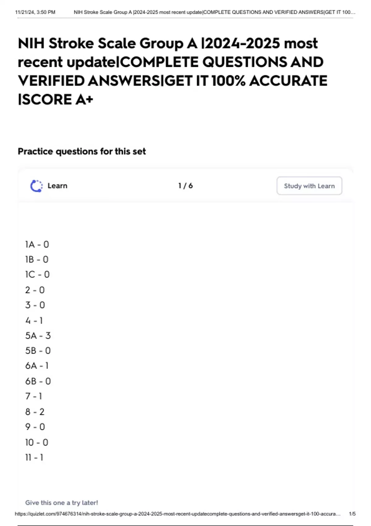 NIH Stroke Scale Group A | most recent update|COMPLETE QUESTIONS AND ...