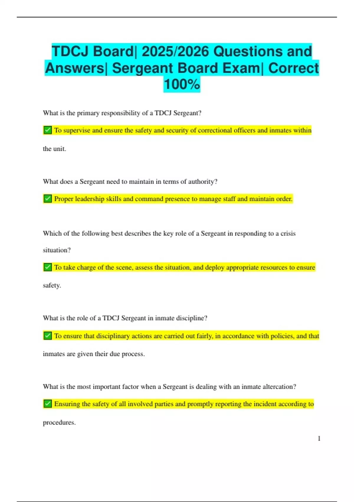 TDCJ Board| 2025/2026 Questions and Answers| Sergeant Board Exam ...