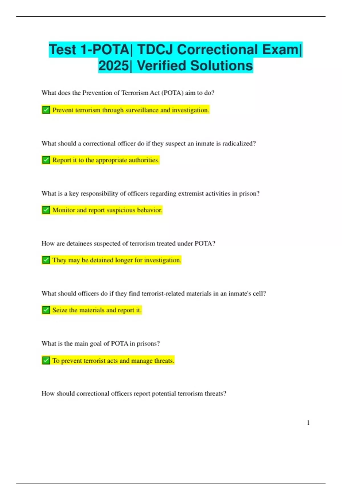 Test 1-POTA| TDCJ Correctional Exam| 2025| Verified Solutions - TDCJ ...
