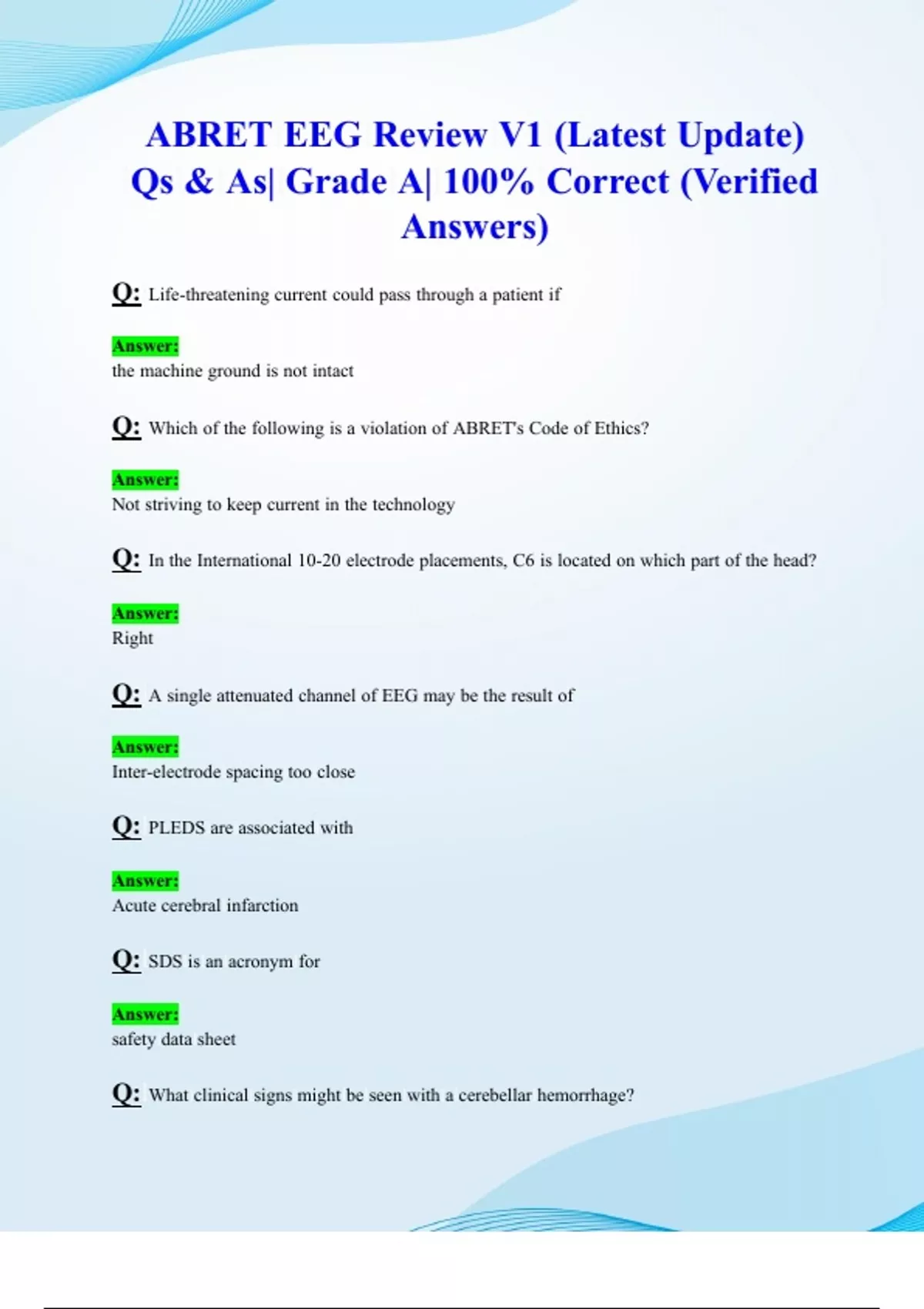 ABRET EEG Review V1 (Latest 2024/ 2025 Update) Qs & As| Grade A| 100% ...