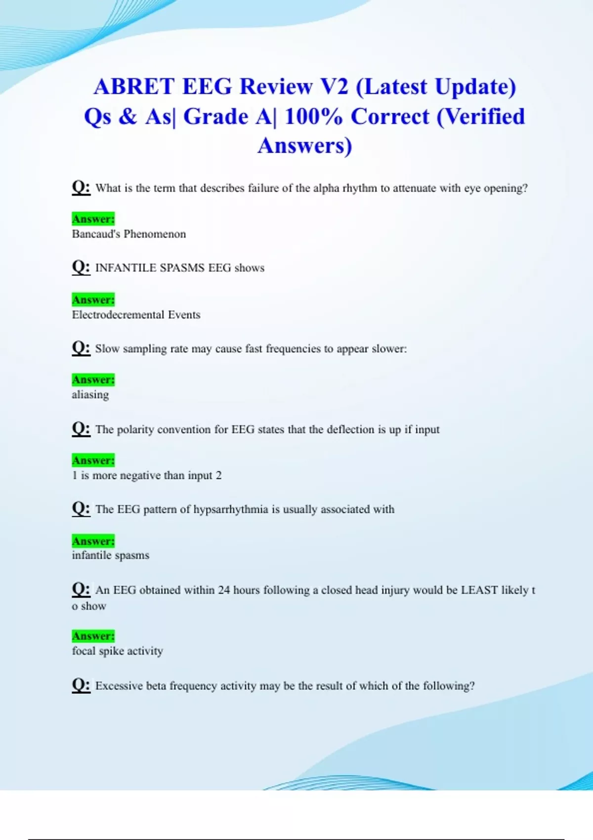 ABRET EEG Review V2 (Latest 2024/ 2025 Update) Qs & As| Grade A| 100% ...
