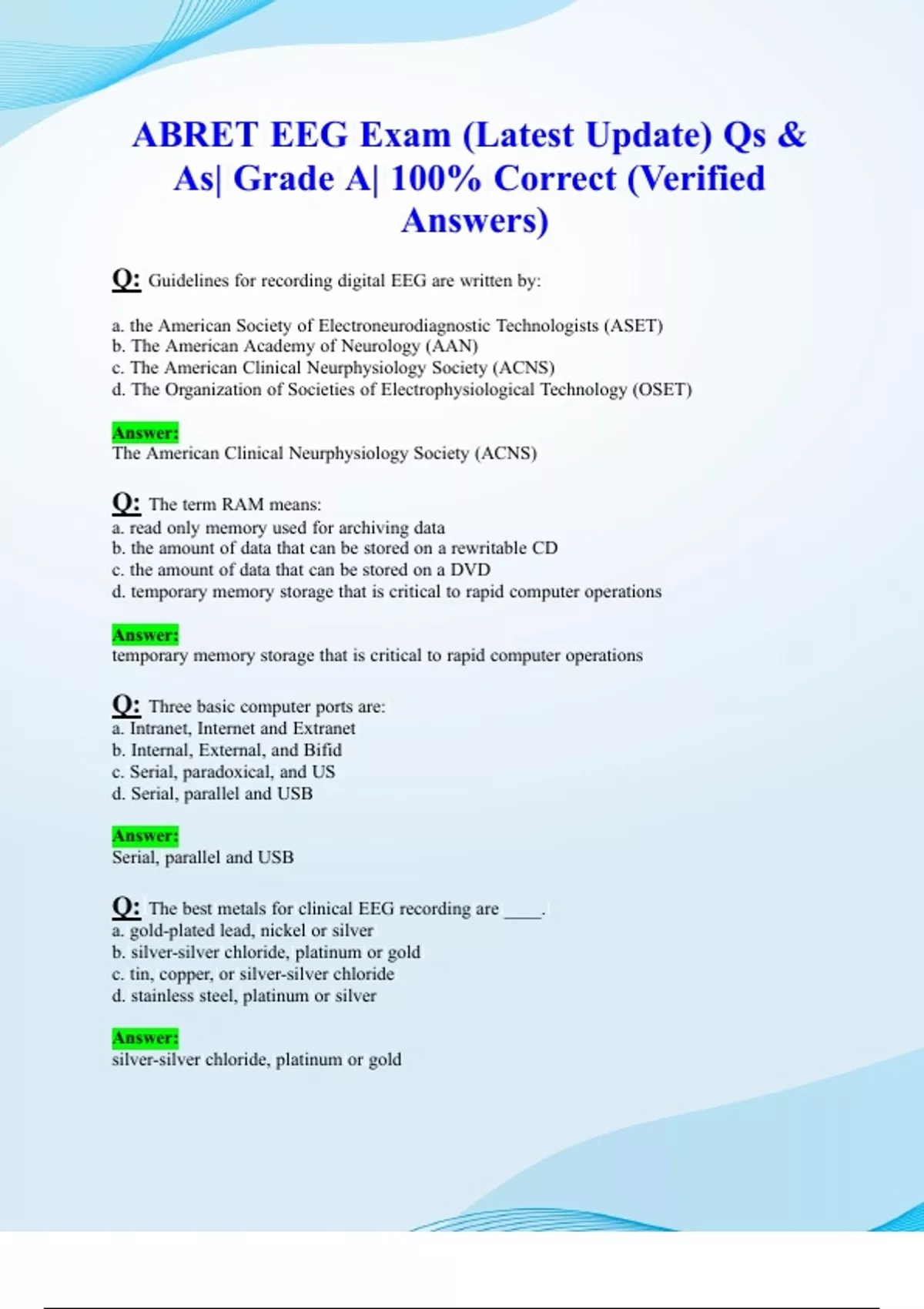 ABRET EEG Exam (Latest 2024/ 2025 Update) Qs & As| Grade A| 100% ...