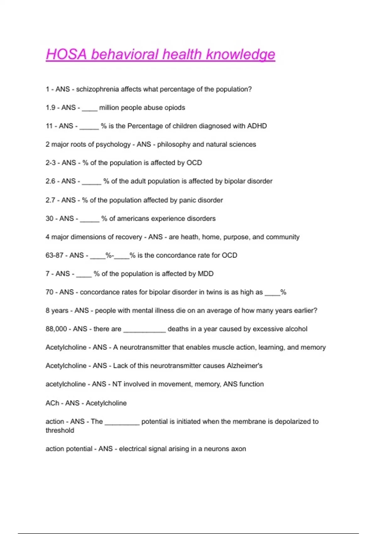 HOSA behavioral health knowledge Exam 2024/2025 Questions With ...