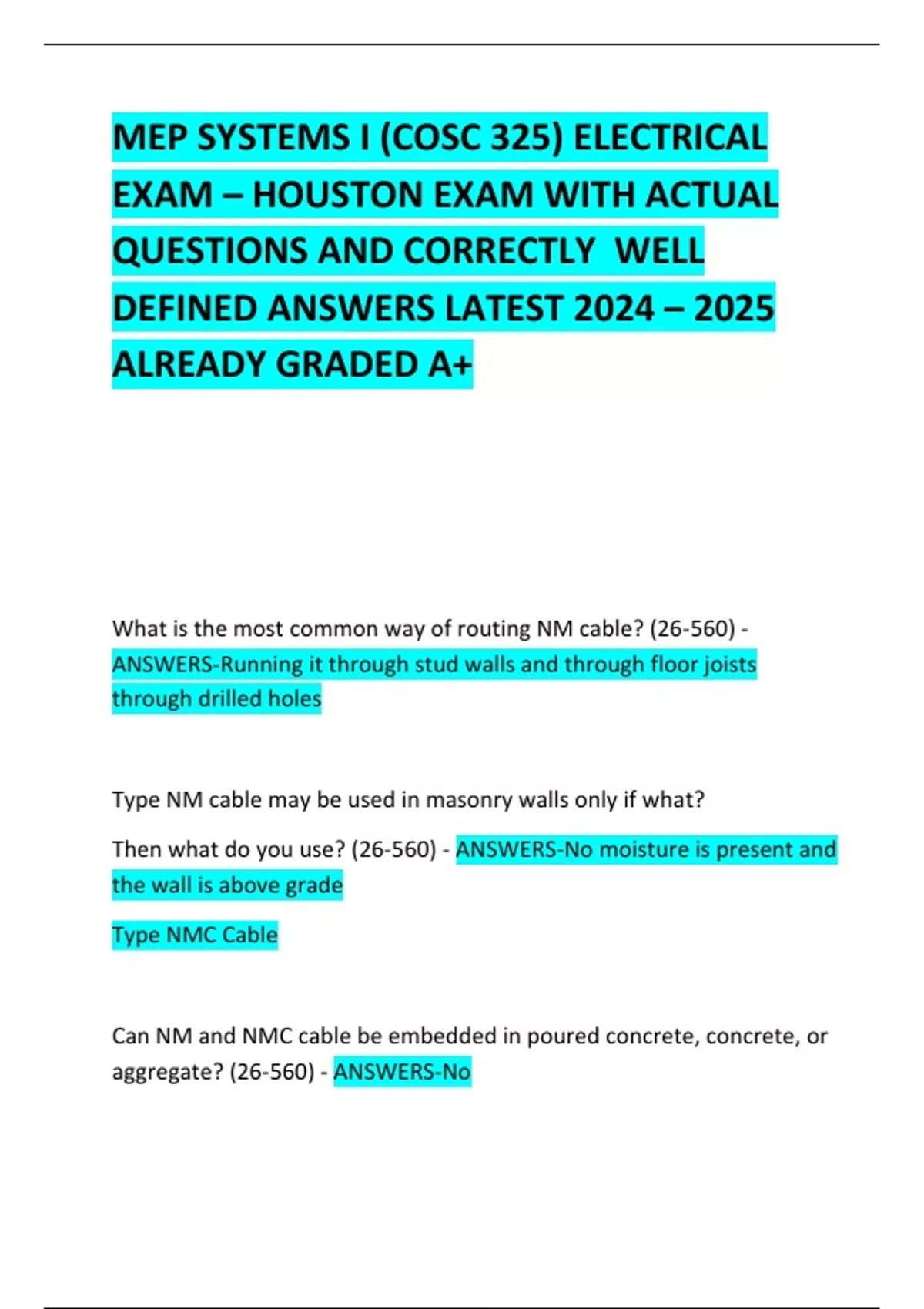 MEP SYSTEMS I (COSC 325) ELECTRICAL EXAM – HOUSTON EXAM WITH ACTUAL ...