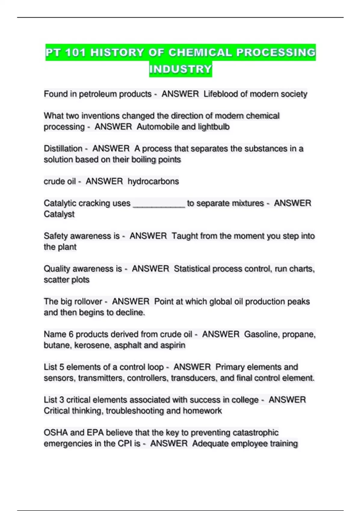PT 101 HISTORY OF CHEMICAL PROCESSING INDUSTRY - PT 101 HISTORY OF ...