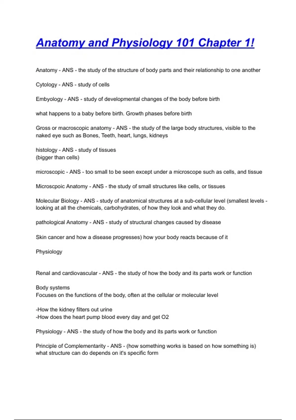 Anatomy and Physiology 101 Chapter 1! Exam 2024/2025 Questions With Completed & Verified ...