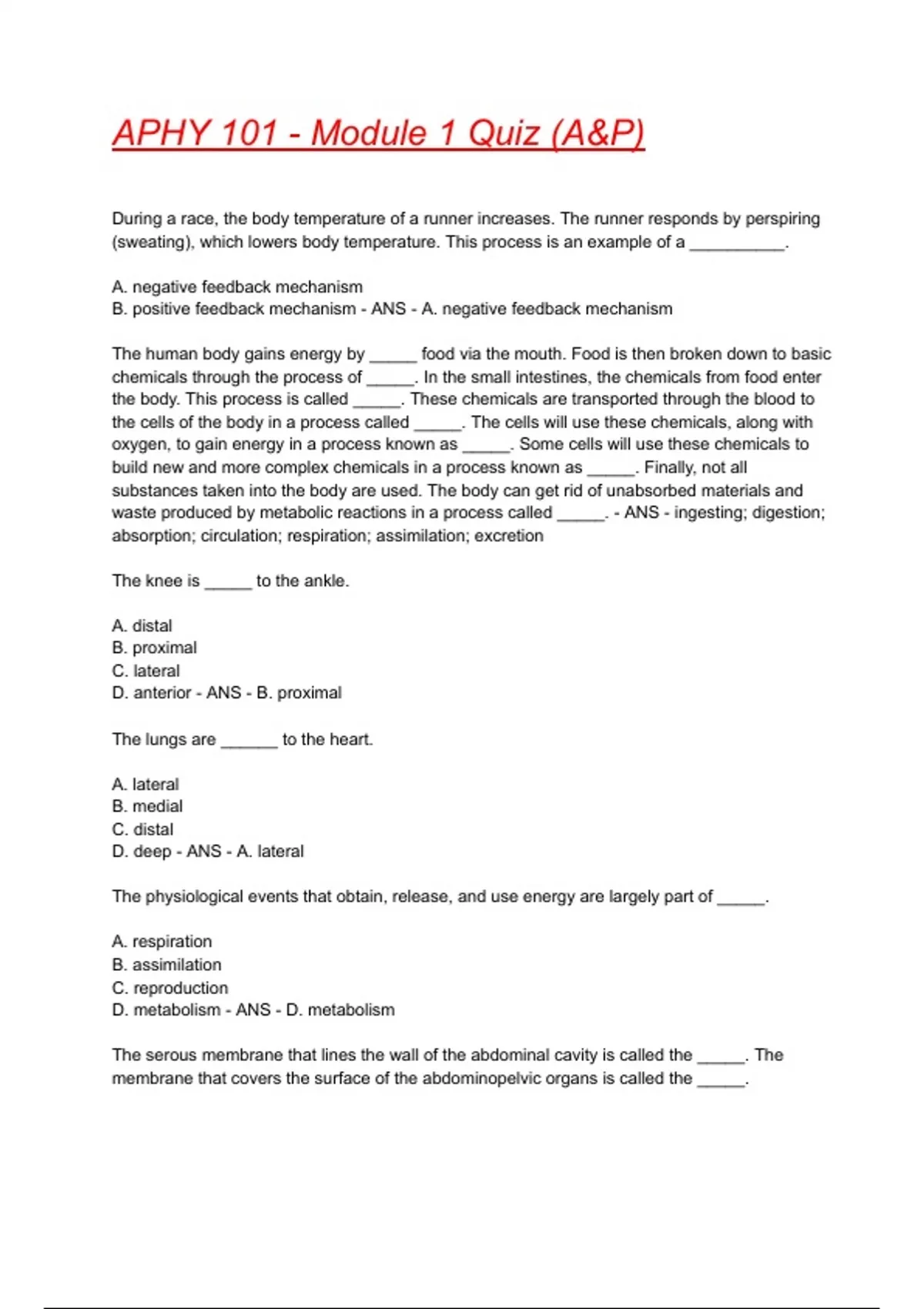 APHY 101 - Module 1 Quiz (A&P) Exam 2024/2025 Questions With Completed ...