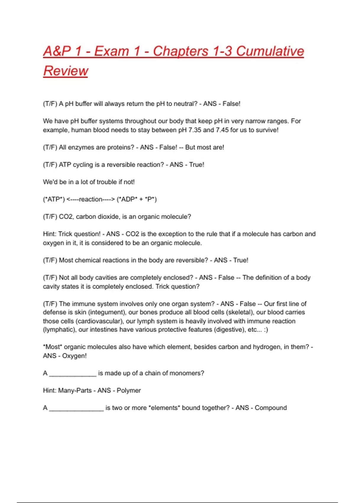 A&P 1 - Exam 1 - Chapters 1-3 Cumulative Review 2024/2025 Questions ...