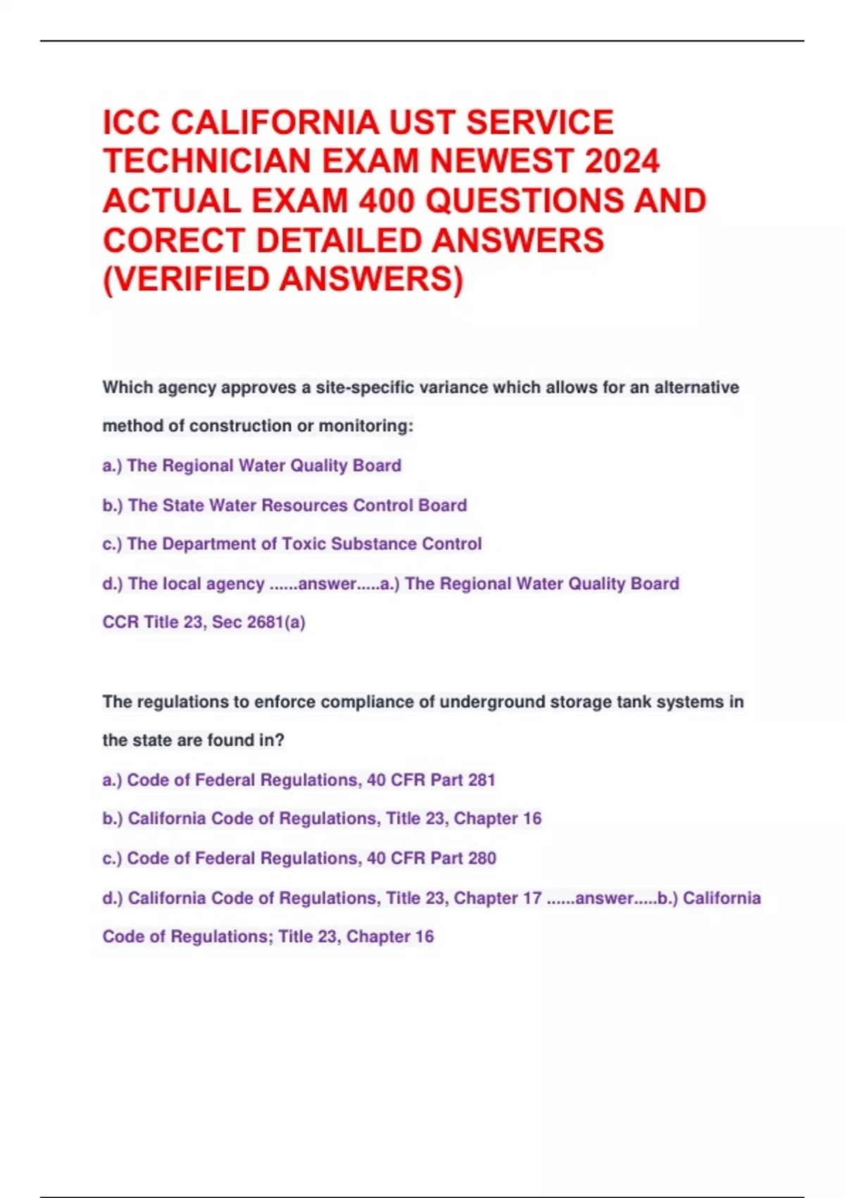 ICC CALIFORNIA UST SERVICE TECHNICIAN EXAM NEWEST 2024 ACTUAL EXAM 400 QUESTIONS AND CORECT ...