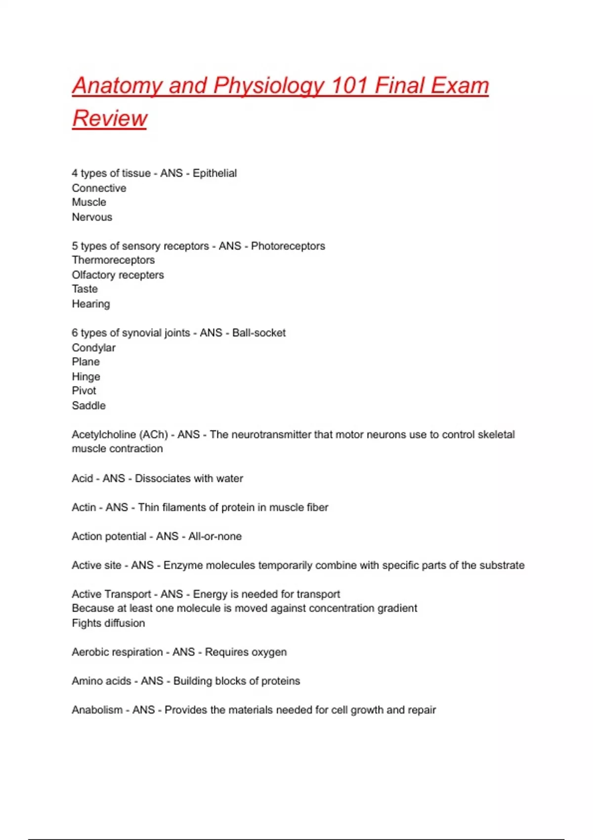 Anatomy and Physiology 101 Final Exam Review 2024/2025 Questions With Completed & Verified ...
