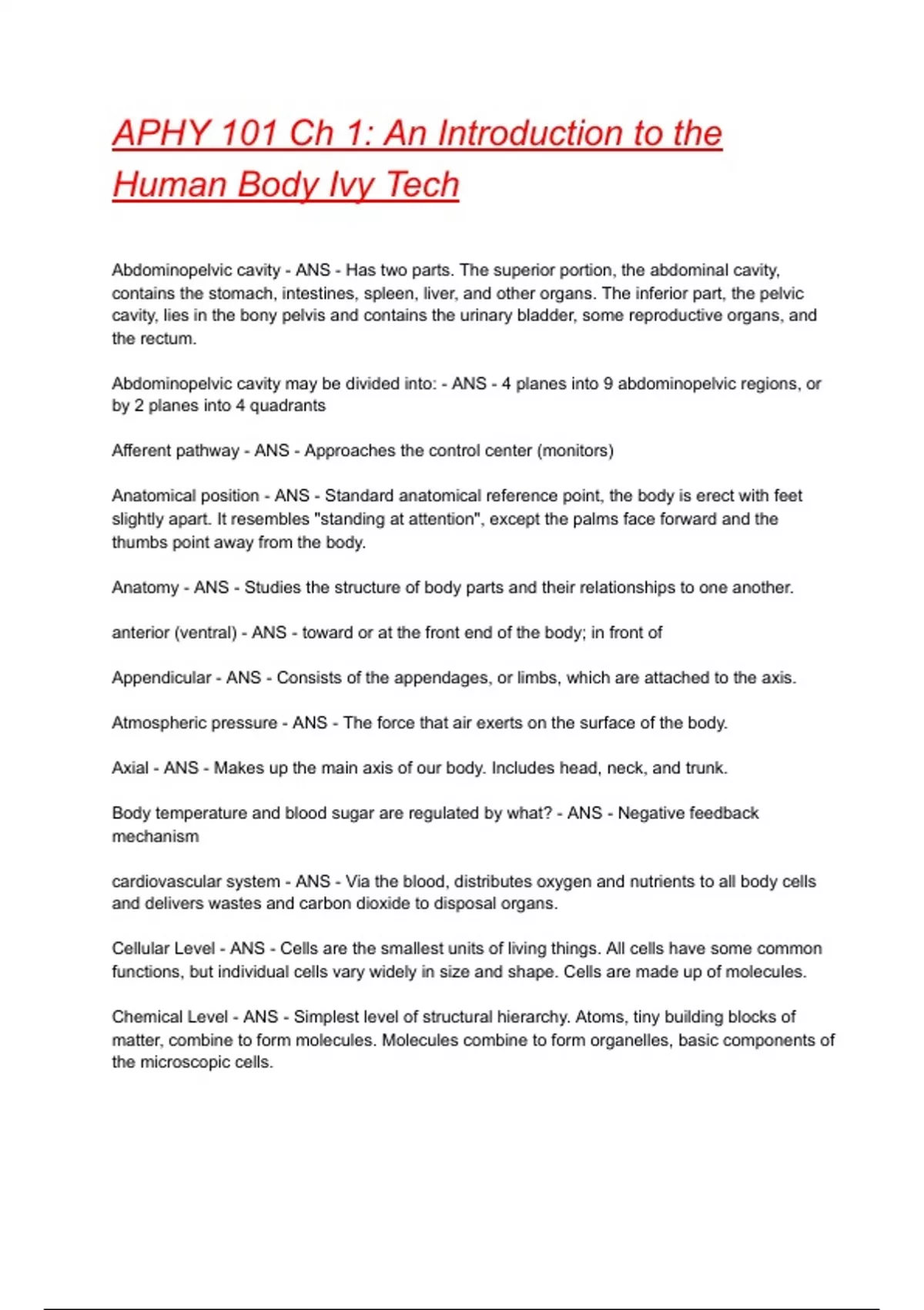 APHY 101 Ch 1: An Introduction to the Human Body Ivy Tech Exam 2024/ ...