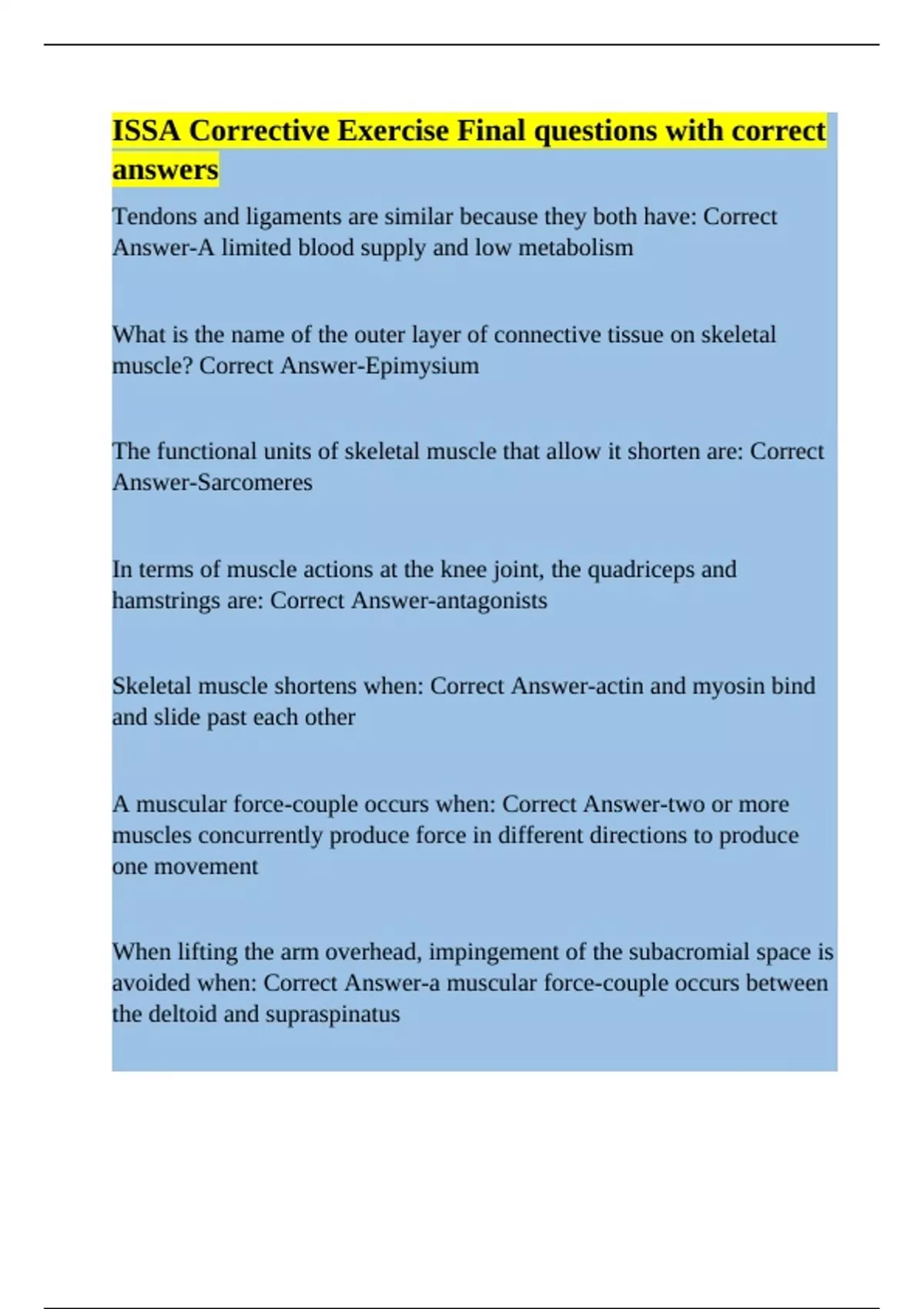 ISSA Corrective Exercise Final questions with correct answers - ISSA - Stuvia US