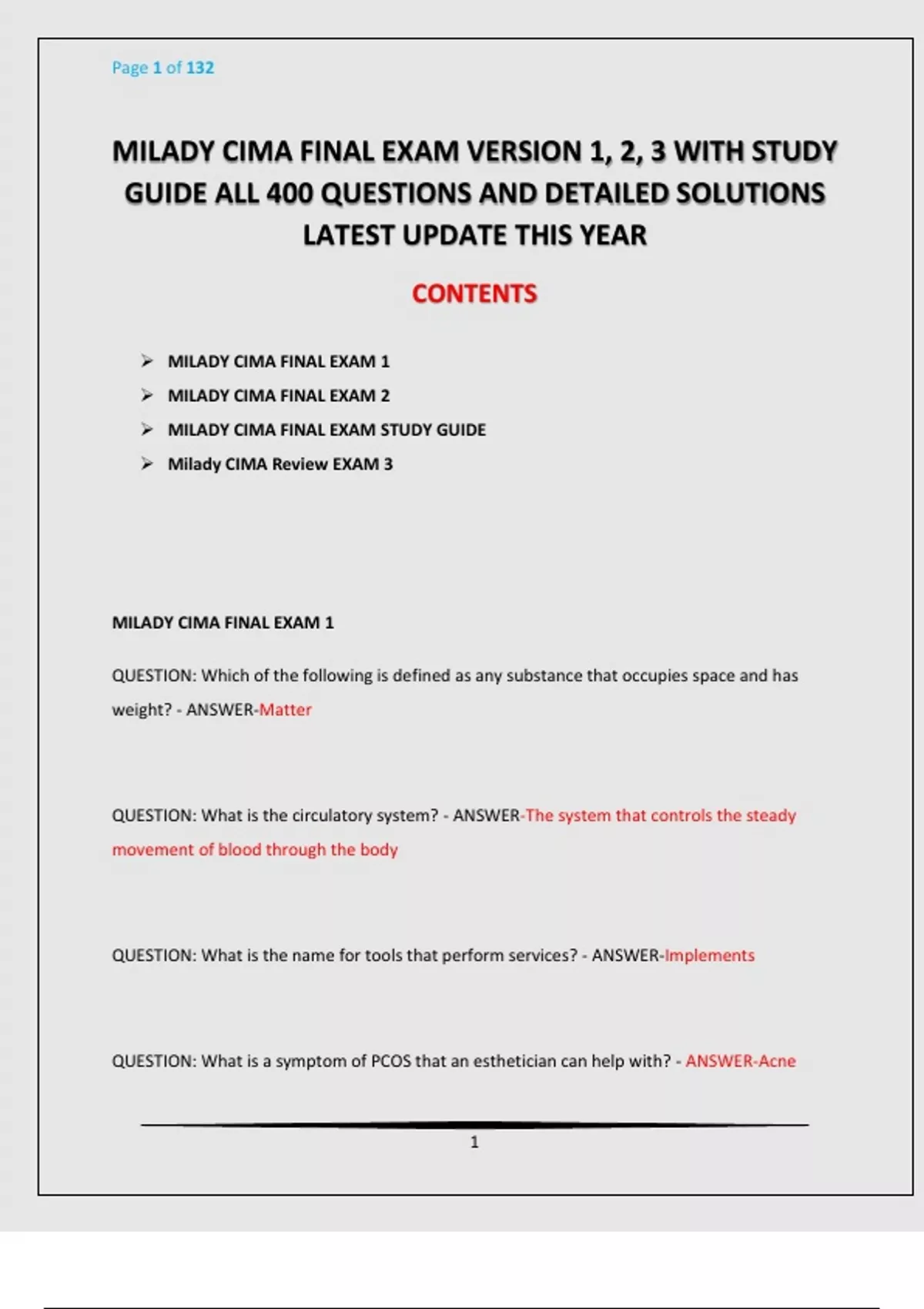 MILADY CIMA FINAL EXAM VERSION 1, 2, 3 WITH STUDY GUIDE ALL 400 ...