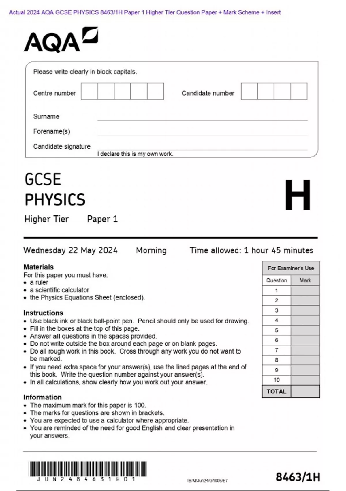 Actual 2024 AQA GCSE PHYSICS 8463/1H Paper 1 Higher Tier Question Paper ...
